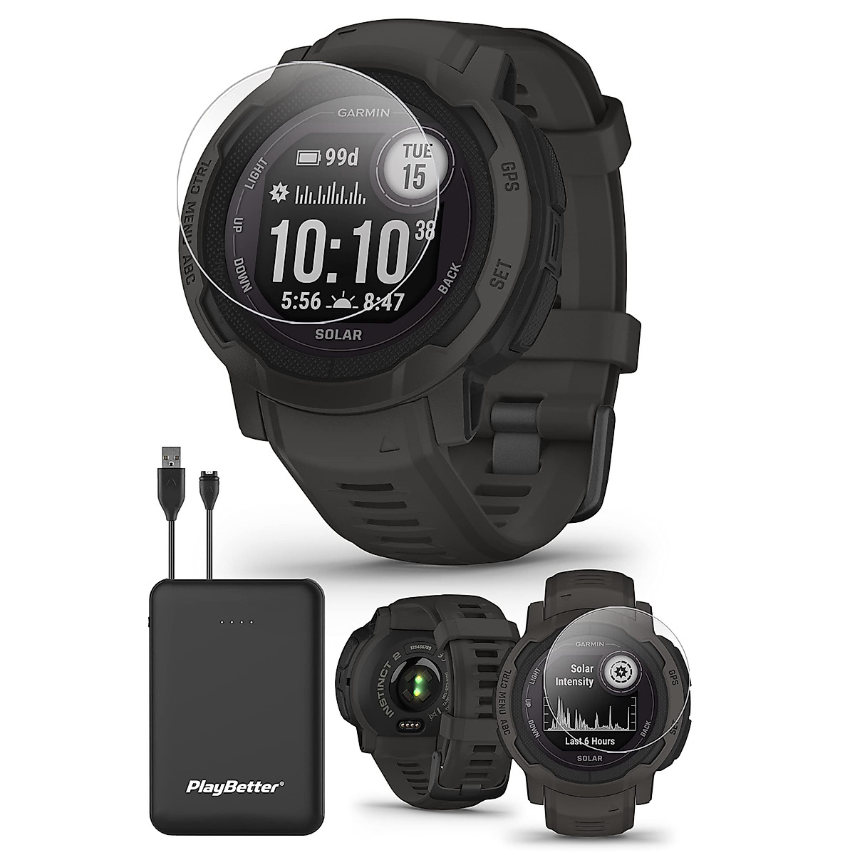 PlayBetter Garmin Instinct 2 Camo (Graphite) Rugged GPS Smartwatch Bundle - Outdoor Military Watch, Multi-GNSS & 24/7 Fitness Tracker, S/M, 40mm - Includes Screen Protectors & Portable Charger