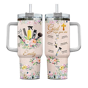 Hyturtle Personalized HairStylist Tumbler Gift For HairStylists Christian God Says You Are Cup With Name 40oz Tumbler with Handle&Straw Lid Hairdressing Hairdresser Coffee Cup Flower Print Cosmetology