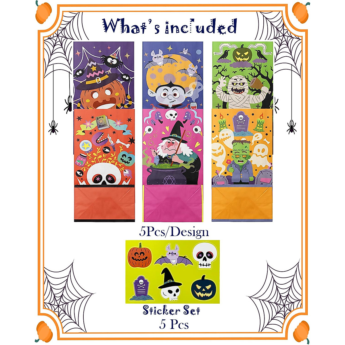 Gcardist Halloween Treats Bags 30 PCS Party Favors with 6 Designs, 3x5x9.5 Inches for Trick or Treat Festival - Includes Stickers - Happy Halloween Candy Bags