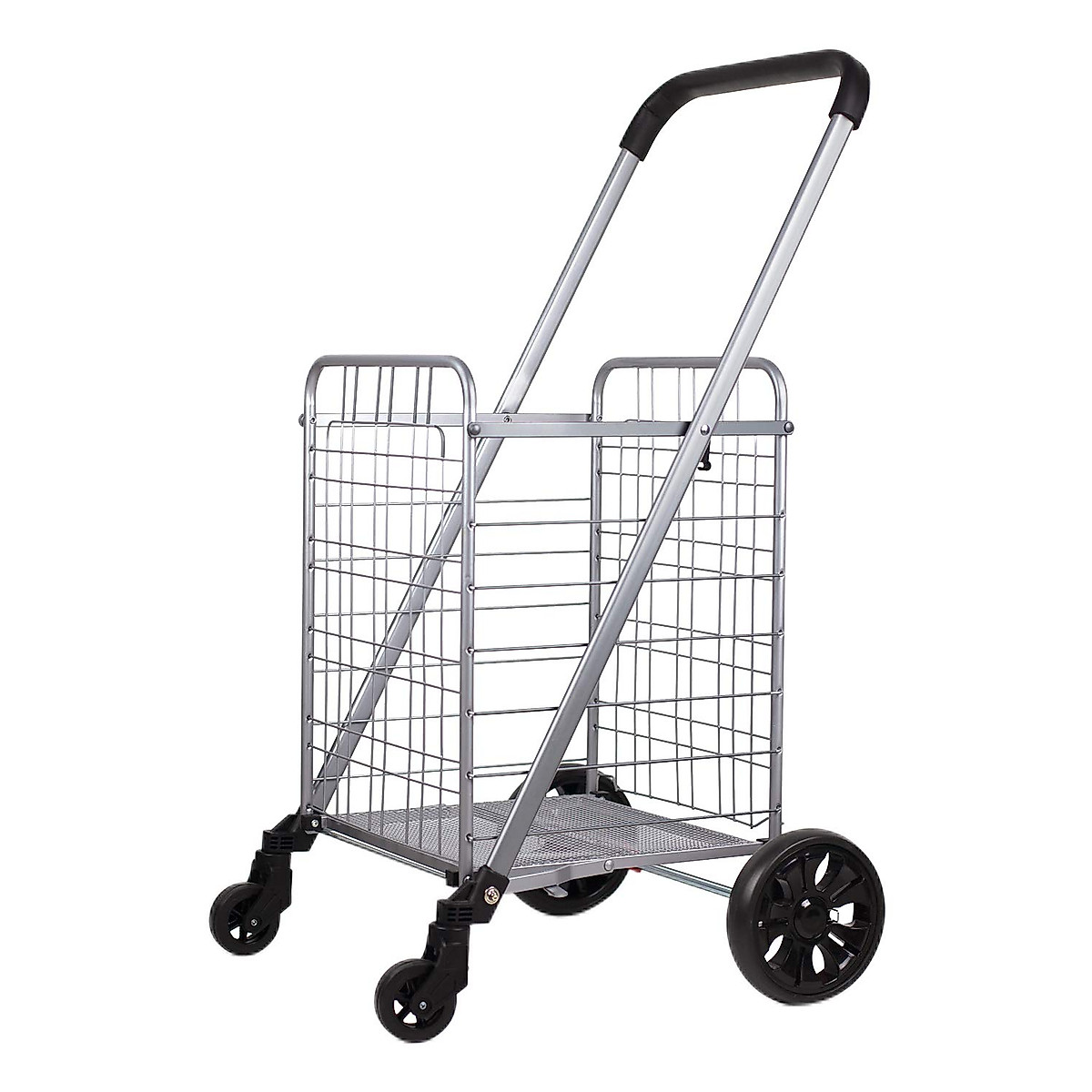 OmniRolls Grocery Shopping Cart with Swivel Wheels, Folding Shopping Cart with Wide Cushion Handle, Mesh Bottom and Brake System, Silve,