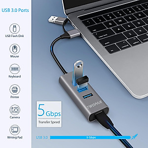 TWOPAN USB 3.0 Hub Ethernet, Aluminum USB C to Ethernet Adapter, 3 Port USB C Hub for Laptop, RJ45 LAN Adapter for 24 inch iMac 2021, New MacBook Pro/Air, Chromebook, Pixelbook, Surface, Yoga, XPS