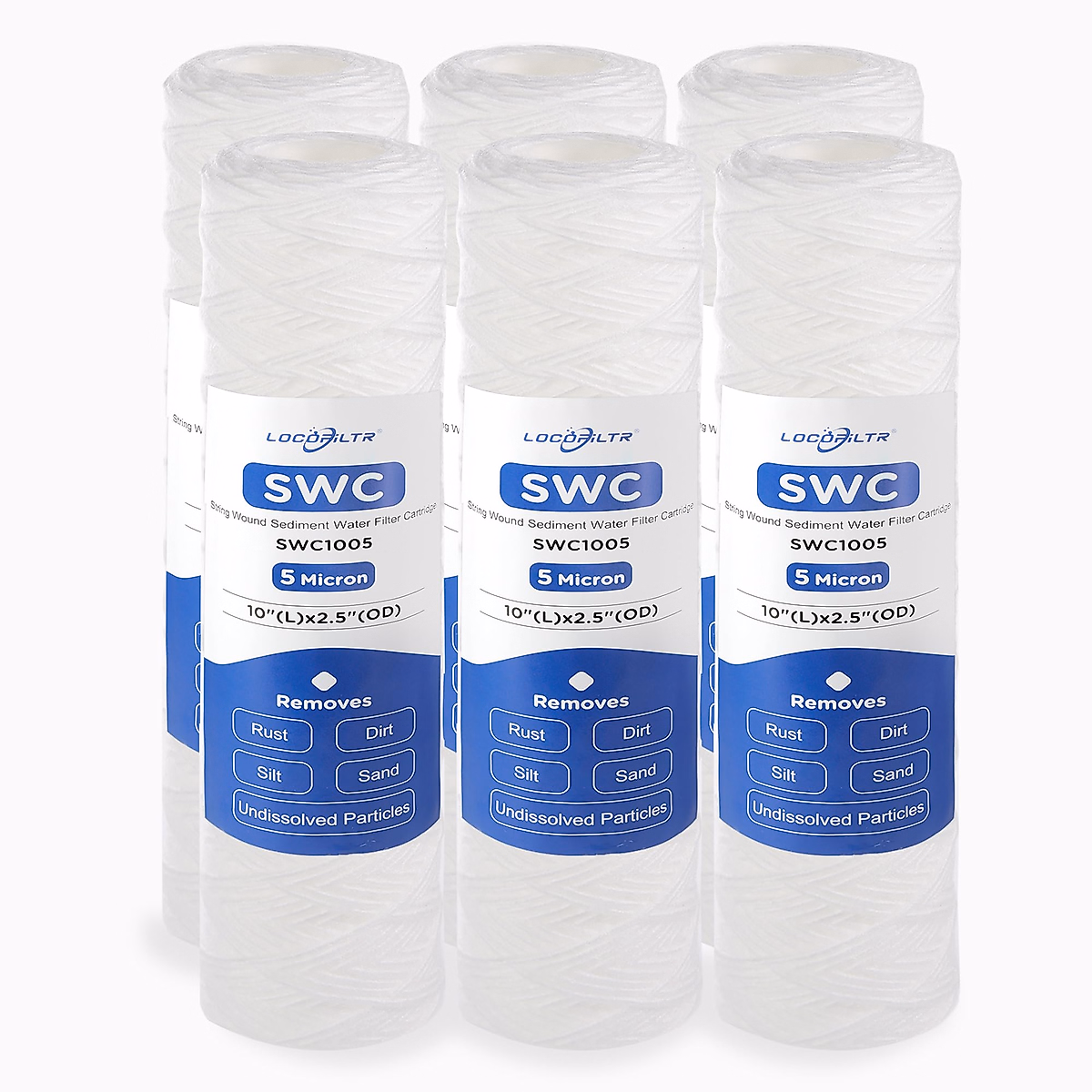 Whole House Water Filter Cartridge Replacement for Well Water, 5 Micron Water Filter 10" x 2.5" String Wound Sediment Water Filter Compatible with AP110, WFPFC4002, CFS110 & 10 inch RO Unit - 6 Pack