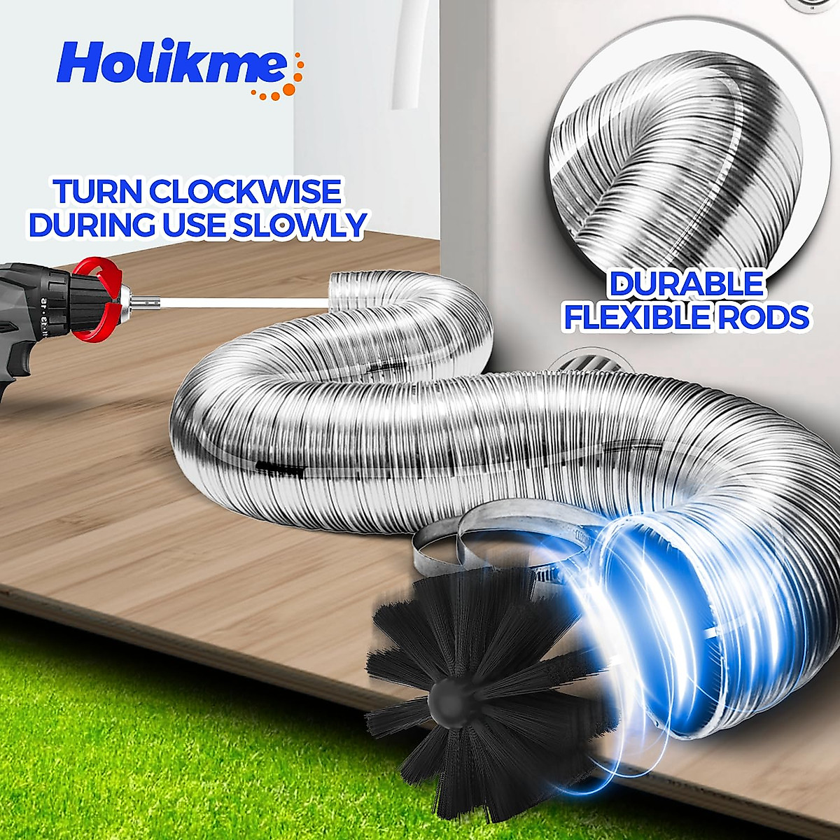 Holikme 40 Feet Dryer Vent Cleaner Kit Flexible Lint Brush with Drill Attachment, Extends Up to 40 Feet for Easy Cleaning, Synthetic Brush Head, Use with or without a Power Drill