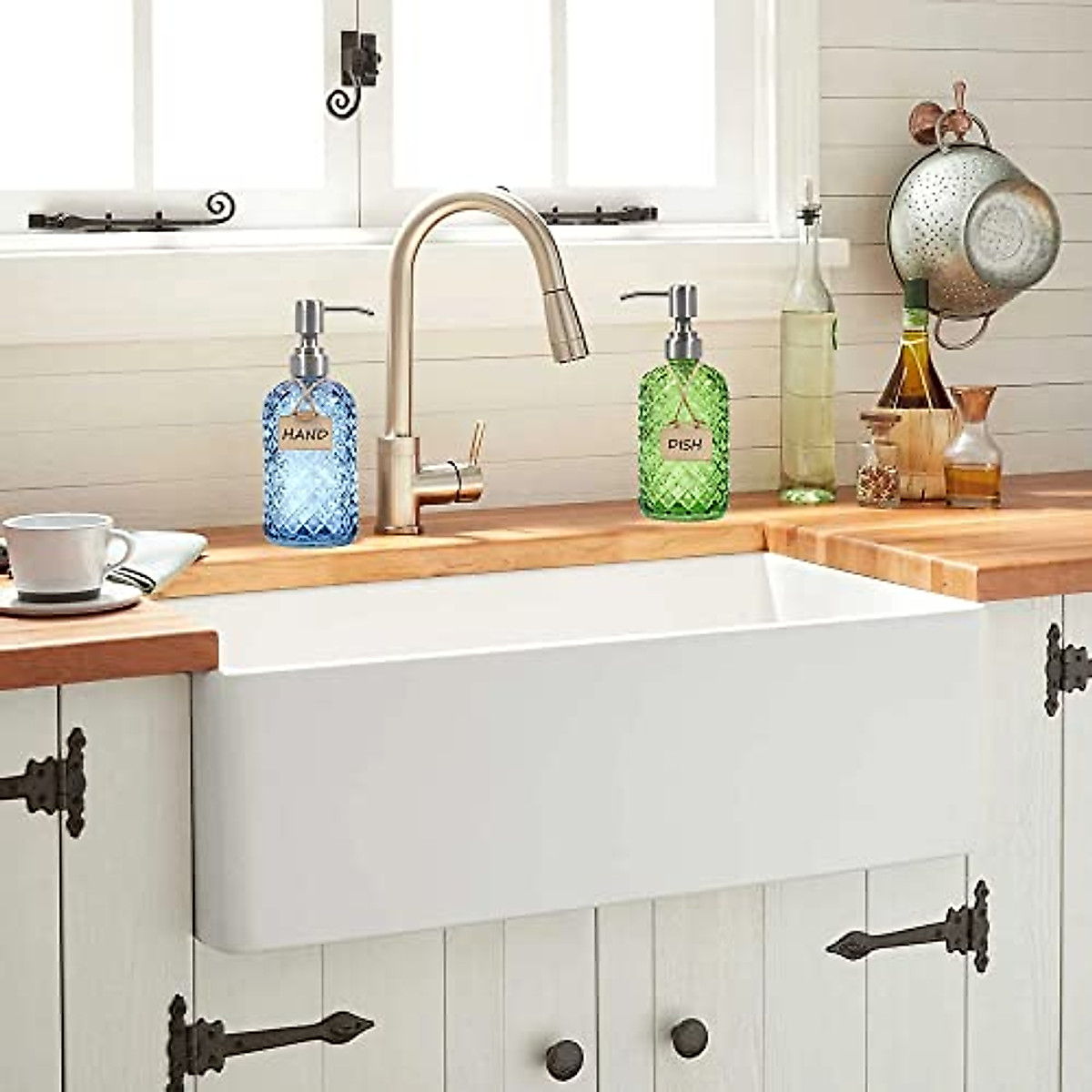 Funly mee Bathroom & Kitchen Glass Hand and Dish Soap Dispenser with 304 Rustproof Stainless Steel Pump (Blue)