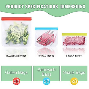 Reusable Food Storage Bags - 24 Pack Reusable Freezer Bags(8 Reusable Gallon Bags + 8 Reusable Sandwich Bags + 8 Reusable Snack Bags)，Reusable Ziploc Bags for Meat Fruits and Vegetables.