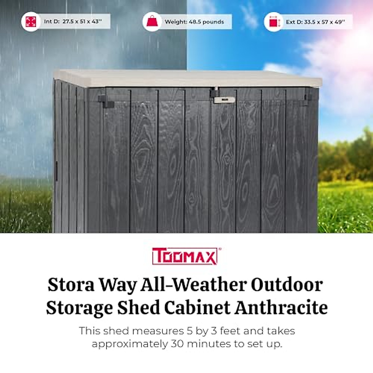 Toomax Stora Way All Weather Outdoor Extra Large Horizontal Storage Shed Cabinet for Garden Tools, and Yard Equipment, Taupe Gray and Anthracite