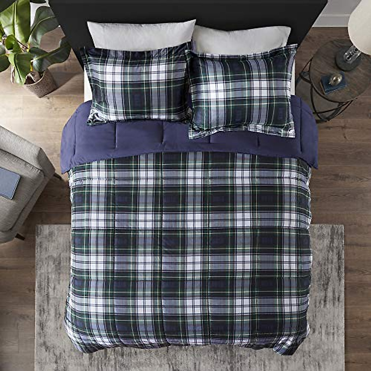 Madison Park Essentials Parkston Plaid Comforter, Matching Sham, 3M Scotchguard Stain Release Cover, Hypoallergenic All Season Bedding-Set, Full/Queen, Navy, 3 Piece