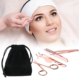Jovitec Fake Eyelashes Applicator Tool, Slant Tip Hair Tweezers, Eyebrow Tweezers Eyebrow Scissors, 4 Pieces with Black Velvet Bag (Rose Gold)