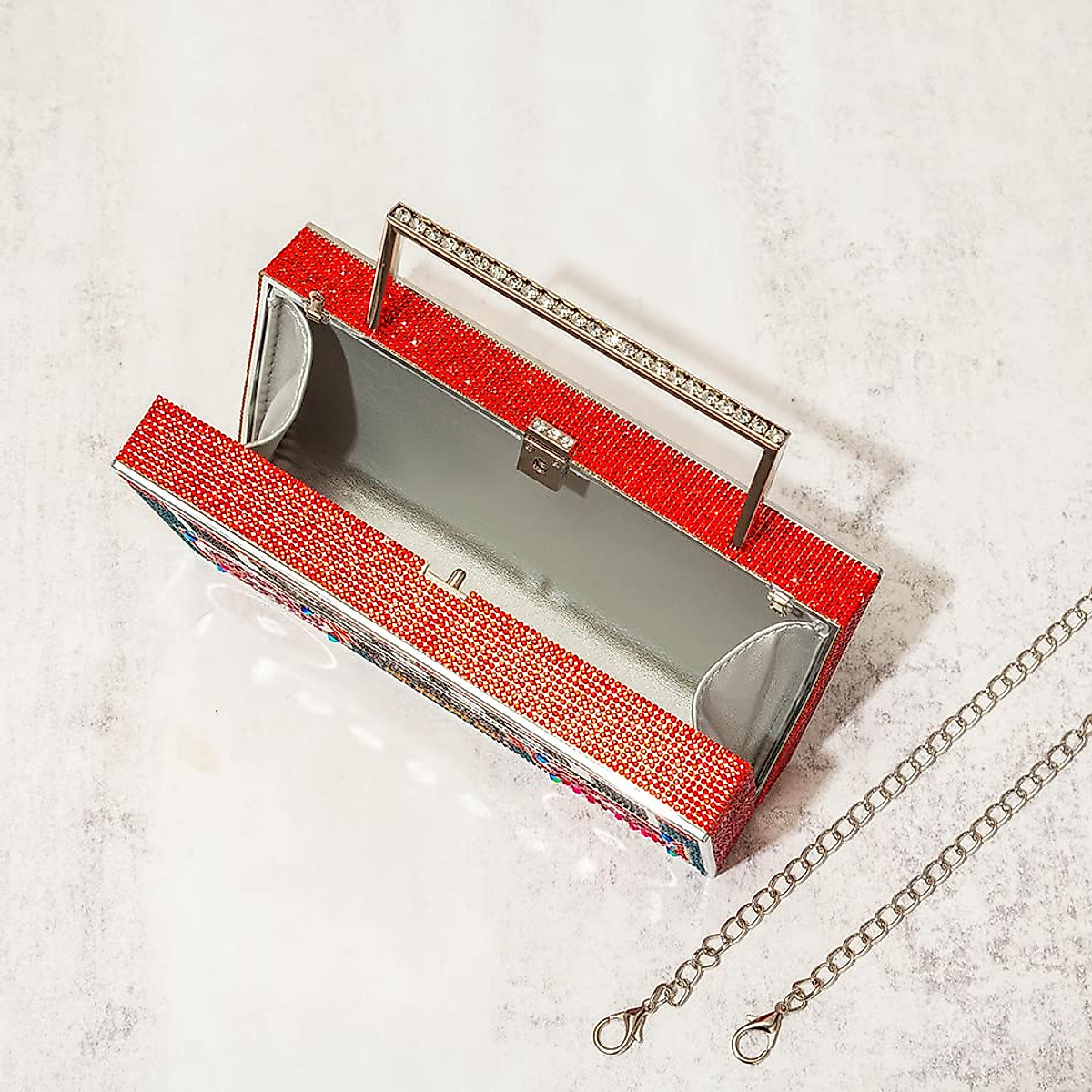 TiffyDance Women Color Rhinestone Bling Radio Shape Handbag Glitter Evening Bag for Wedding Party Bridal (red)