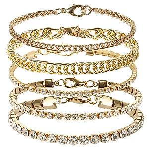 kelistom Cuban Link Rhinestone Tennis Anklet Set for Women Teen Girls, 18K Gold or White Gold Plated Chain Ankle Bracelets for Women with Extension