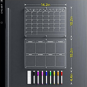Acrylic Magnetic Calendar for Fridge, Clear Dry Erase Board Reusable Planning Set, Includes 8 Colorful Markers,Magnetic Pen Holder and Erase Towel (Monthly Planner+Weekly Planner)