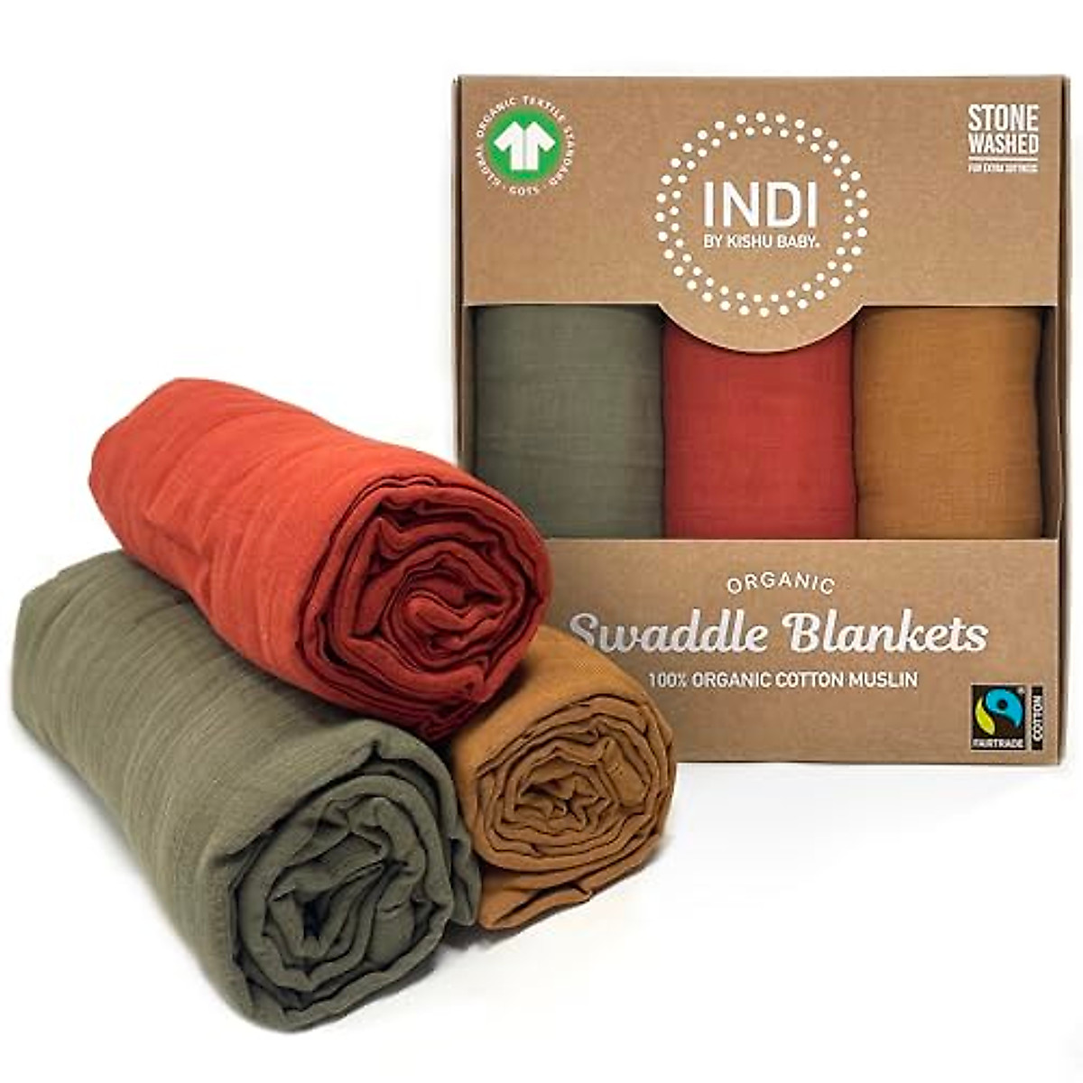 Kishu Baby Indi GOTS Organic Muslin Swaddle Blanket Gift Set in Earthy, Gender Neutral Colors - Stone Washed for Extra Softness – Fairtrade Certified, XL 47 in x 47 in (Dark Olive, Rust, Caramel)
