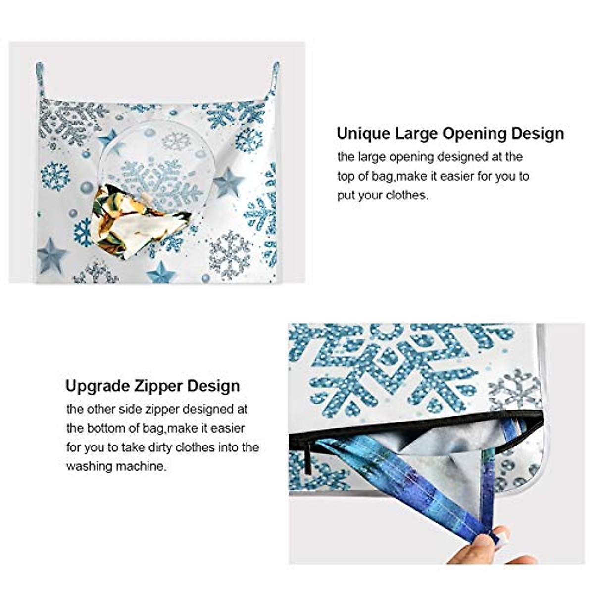 Snowflakes And Stars Door Hanging Laundry Hamper Bag Winter Christmas Space Saving Wall Large Laundry Basket Storage Dirty Clothes Bags with Bottom Zippers Hooks For Bathroom Bedroom 1 Pcs
