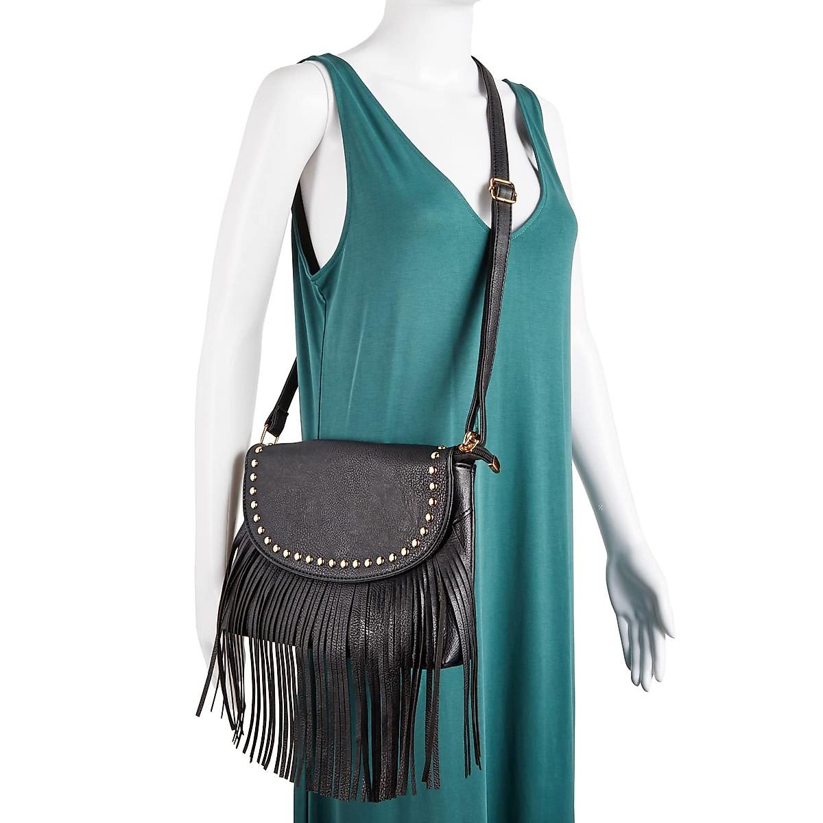 Zodaca Black Fringe Purse for Women, Faux Leather Hippie Crossbody Bag (10.5 x 1.5 x 7.8 In)