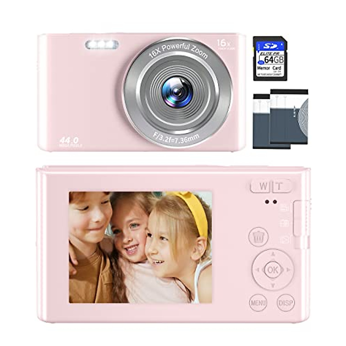 Digital Camera 4K 44MP Compact Point and Shoot Camera with 16X Digital Zoom 32GB SD Card,Kids Camera 2.4 Inch, Vlogging Camera for Teens Students Boys Girls Seniors(Pink2)