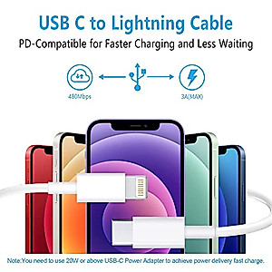 USB C to Lightning Cable 3Pack 6FT [Apple MFi Certified] iPhone Fast Charger Cable USB-C Power Delivery Charging Cord for iPhone 14/13/12/12 PRO Max/12 Mini/11/11PRO/XS/Max/XR/X/8/8Plus/iPad, White