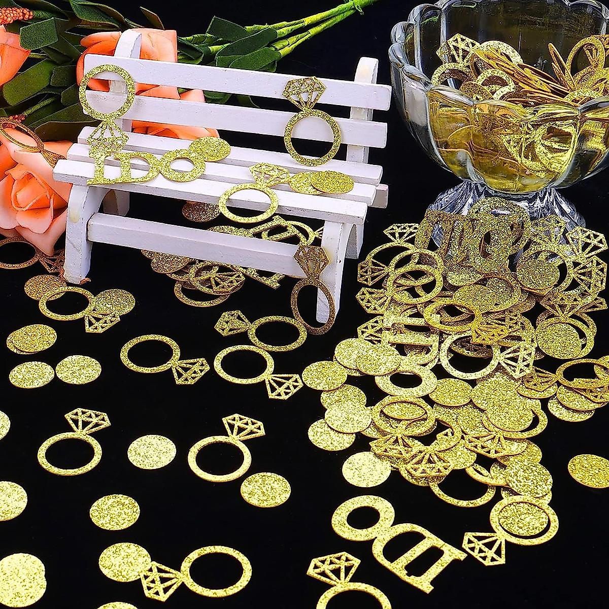 Gold Wedding Table Confetti, Bridal Shower Decorations Bride to Be Confetti Glittering Diamond Ring I Do Engagement Party Table Scatter, 100pcs