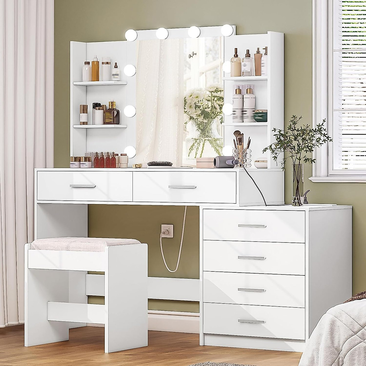 FIONESO Vanity Desk with Mirror & Lights, Makeup Vanity with 6 Drawers, 6 Open Shelves and Power Outlet, 48” Storage Makeup Vanity Desk with Stool Bench for Women, Girls, Bedroom, White
