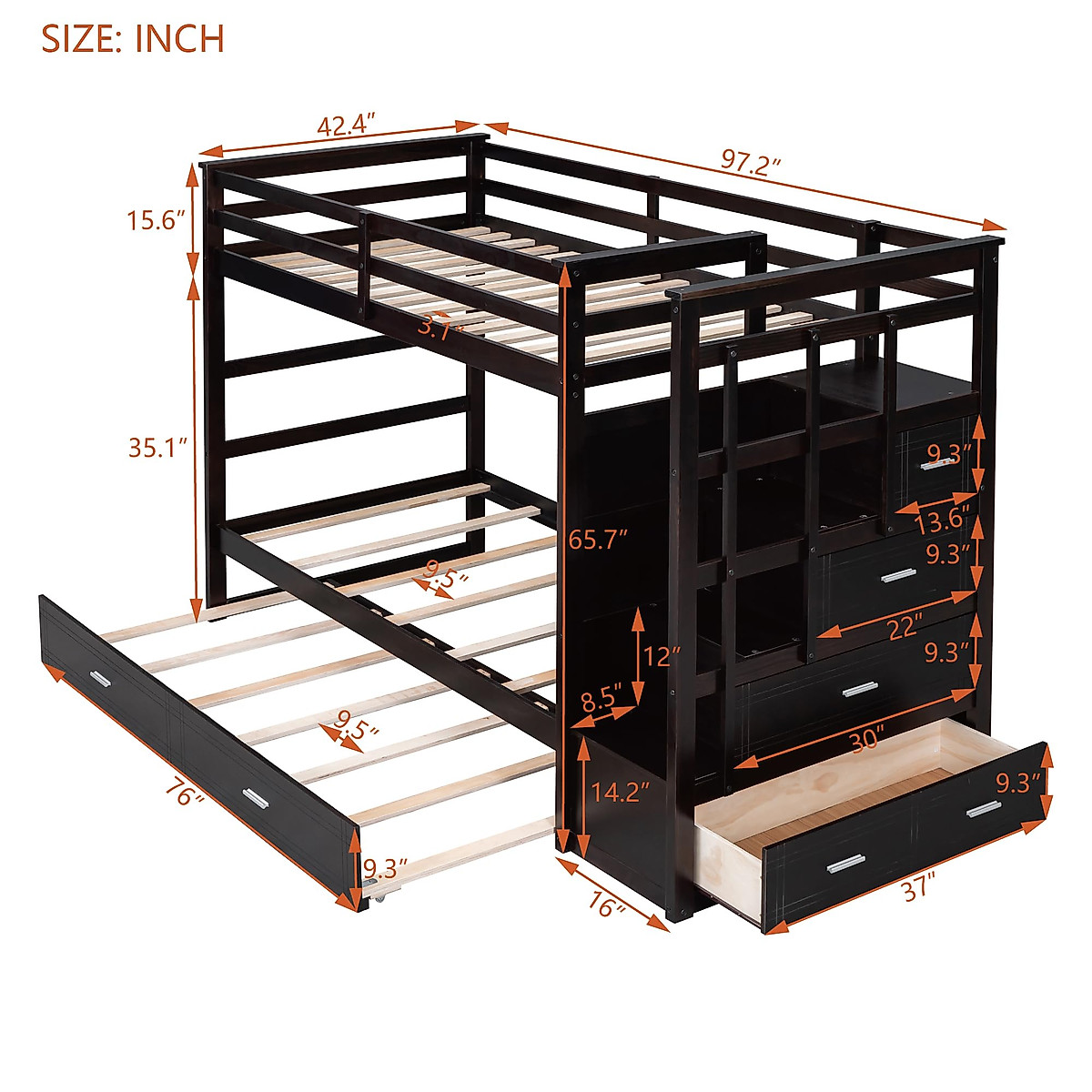 CITYLIGHT Twin Over Twin Bunk Beds with Stairs and Trundle, Bunk Beds with Storage Drawers, Wood Twin Bunk Beds with Trundle and High Length Guardrail for Kids Teens Adults, Espresso