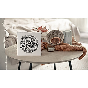 KEUSPI Have the Day You Deserve Skeleton Decor, Goth Decor, Inspirational Saying Wood Block Plaque Box Sign, Skull Motivational Quotes Desk Decor for Home Office Wall Tabletop Shelf 5x5