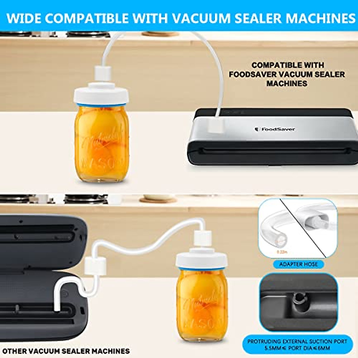 Jar Sealer and Accessory Hose Kit, 18Pcs Jar Sealing Kit for Regular and Wide Mouth Jars Compatible with FoodSaver Suction Port Vacuum Nozzle 5.5mm to 6mm(with Manual Portable Vacuum Pump)