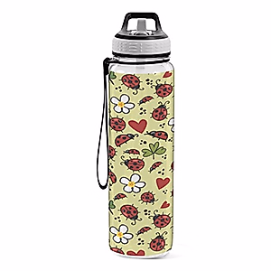 Fustylead Ladybugs and Flowers 32oz Water Bottle with Straw, Leakproof Clear Sport Water Bottles for Gym Camping Hiking Travel