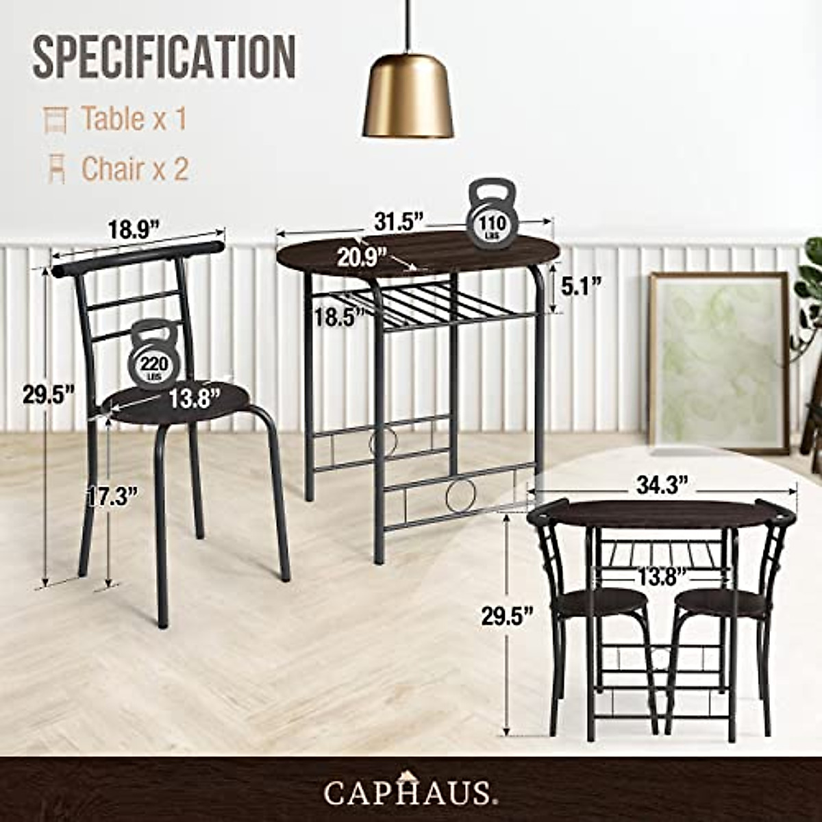 CAPHAUS 3 Pieces Dining Set for 2, Small Kitchen, Dining Room Table Set w/Steel Frame, 3 Pieces Patio Set w/Wine Rack, Small Dining Table Set for 2, Outdoor Dining Round Table Set, Black Oak