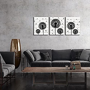 Creoate Dandelion Wall Art 3 Pieces Rustic Dandelion Picture Canvas Print Framed Set Artwork for Bedroom Living Room Wall Decor…