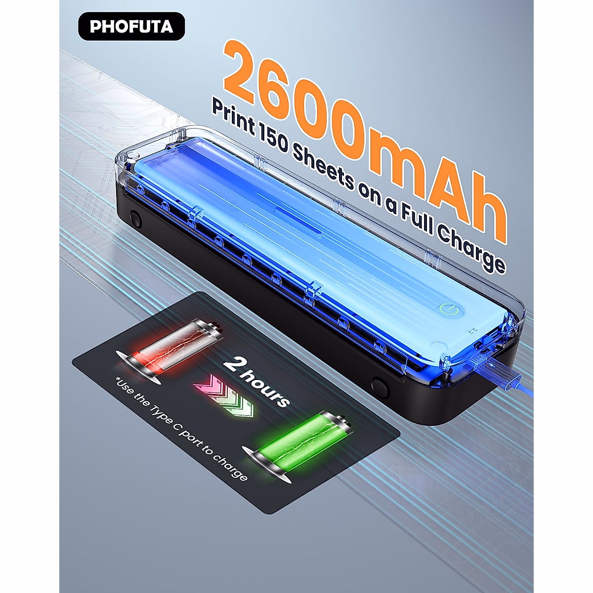 PhoFuta M832 Portable Printers Wireless Travel 300dpi,Small Inkless Thermal Printer for Phone & Laptop, Bluetooth Compact Printer for Mobile Office Home, Support A4 & 8.5 x 11 US Letter Thermal Paper