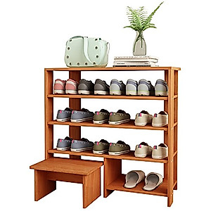 Jerry & Maggie - 4 Tier Wood MDF Solid Shelf Shoe Rack with One Footstool/Shoe Storage Shelves Free Standing Flat Shoe Racks Classic Style -100% Multi Function Shelf Organizer - Natural Wood Tone