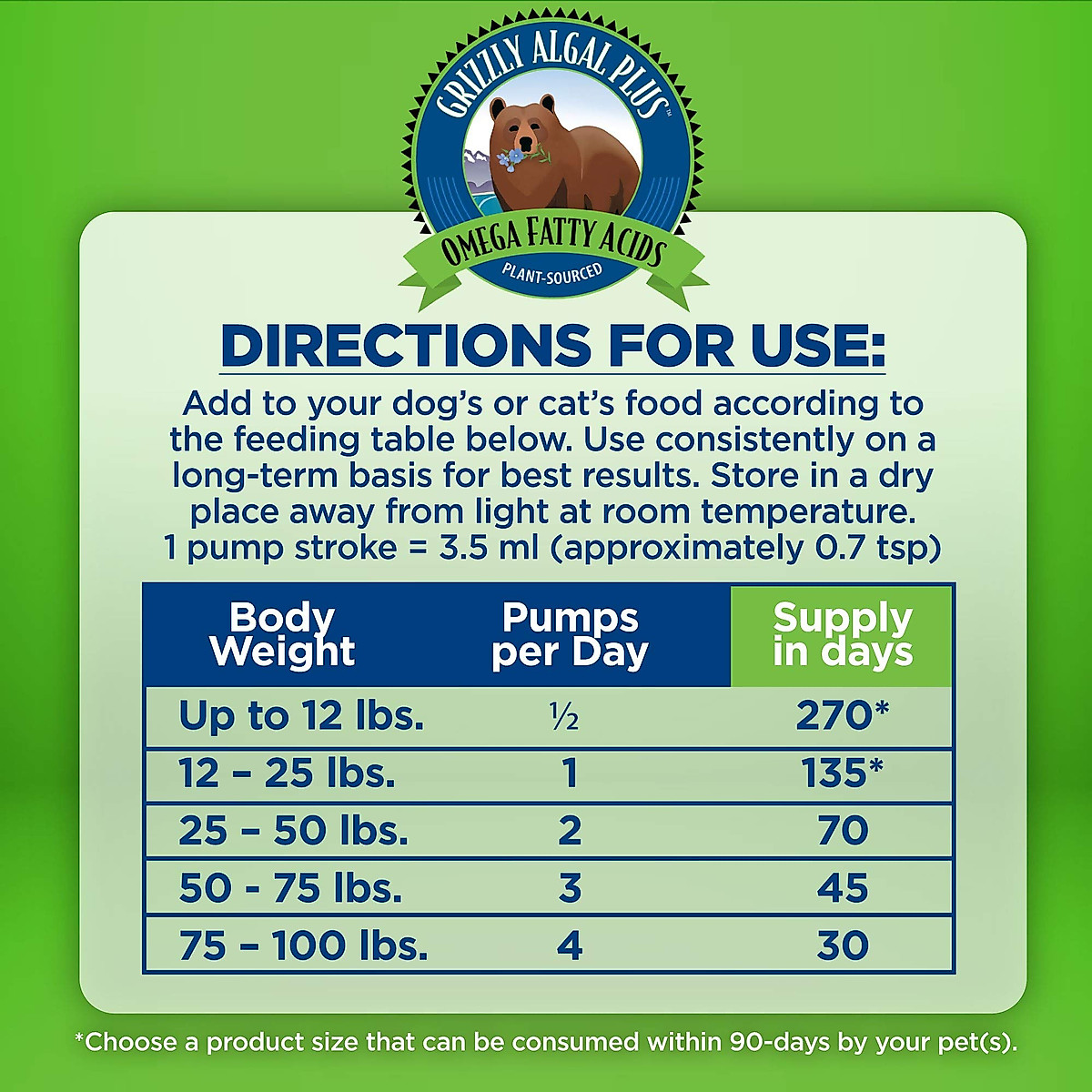 Grizzly Algal Plus Omega Fatty Acids Supplement for Dogs & Cats, 16 Fl Oz - Vegan, Plant-Sourced & Made in USA Algal Oil Omega 3-6-9, Healthy Skin & Coat