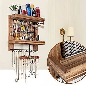 Pinzoveco Hanging Jewelry Organizer Wall Mounted With Wall Jewelry Organizer Holder For Necklaces Bracelet Earrings Ring (Rustic Wood)