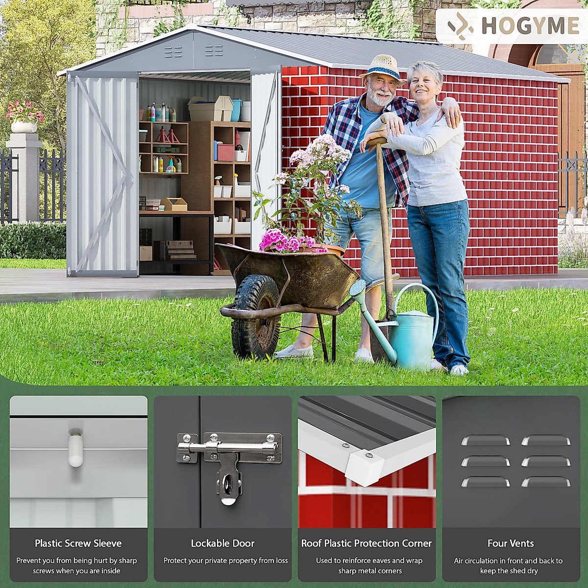 HOGYME 8x12 FT Outdoor Storage Shed, Large Metal Tool Sheds with Updated Frame Structure and Lockable Doors, Garden Shed for Backyard Garden Patio Lawn Red