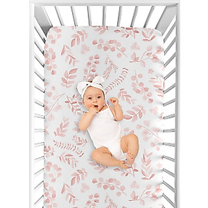 Sweet Jojo Designs Blush Pink and White Floral Leaf Girl Fitted Crib Sheet Baby or Toddler Bed Nursery - Boho Chic Bohemian Watercolor Botanical Flower Woodland Tropical Garden Leaves Pastel Nature