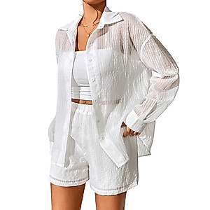 Verdusa Women's 2 Piece Outfit Sheer See Through Long Sleeve Button Up Shirt Blouse Top and High Waist Short Sets White S