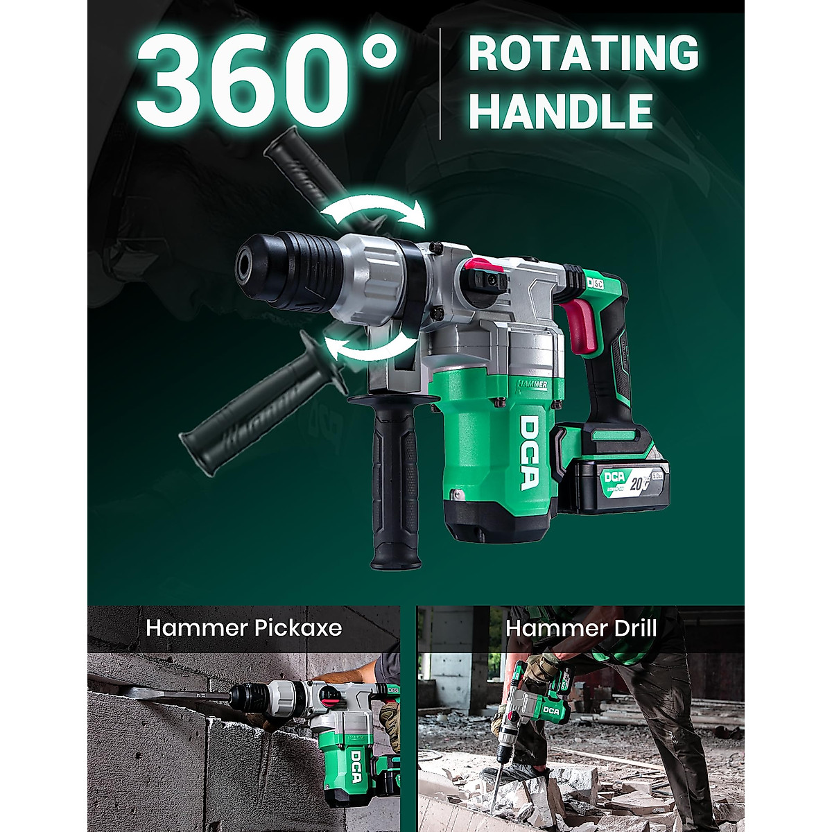 DCA 20V MAX Brushless Rotary Hammer Drill, 4.5 Joule, 3800BPM, 1-1/8 Inch SDS-Plus, Cordless Heavy Duty Rotary Hammer Drill, 5.0Ah Battery, 4A Fast Charger, Safety Clutch, 4 Drill Bits and 2 Chisels