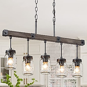Mason Jar Chandelier, 5-Light Farmhouse Chandelier for Dining Room, 25.5" Rustic Island Lighting with Clear Glass Globes