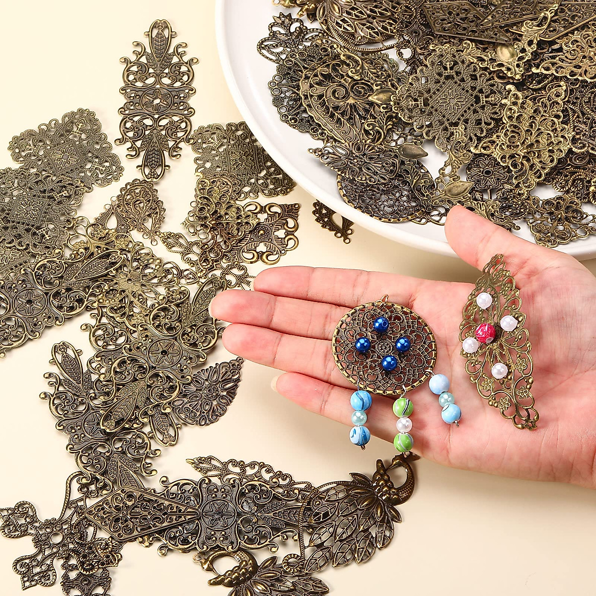 Luinabio 120 Pieces Filigree Connectors Charms Pendants Decoration Tibetan Metal Filigree Findings Embellishments for DIY Hairpin Necklace Earring Jewelry Making(Bronze,Fresh Style)