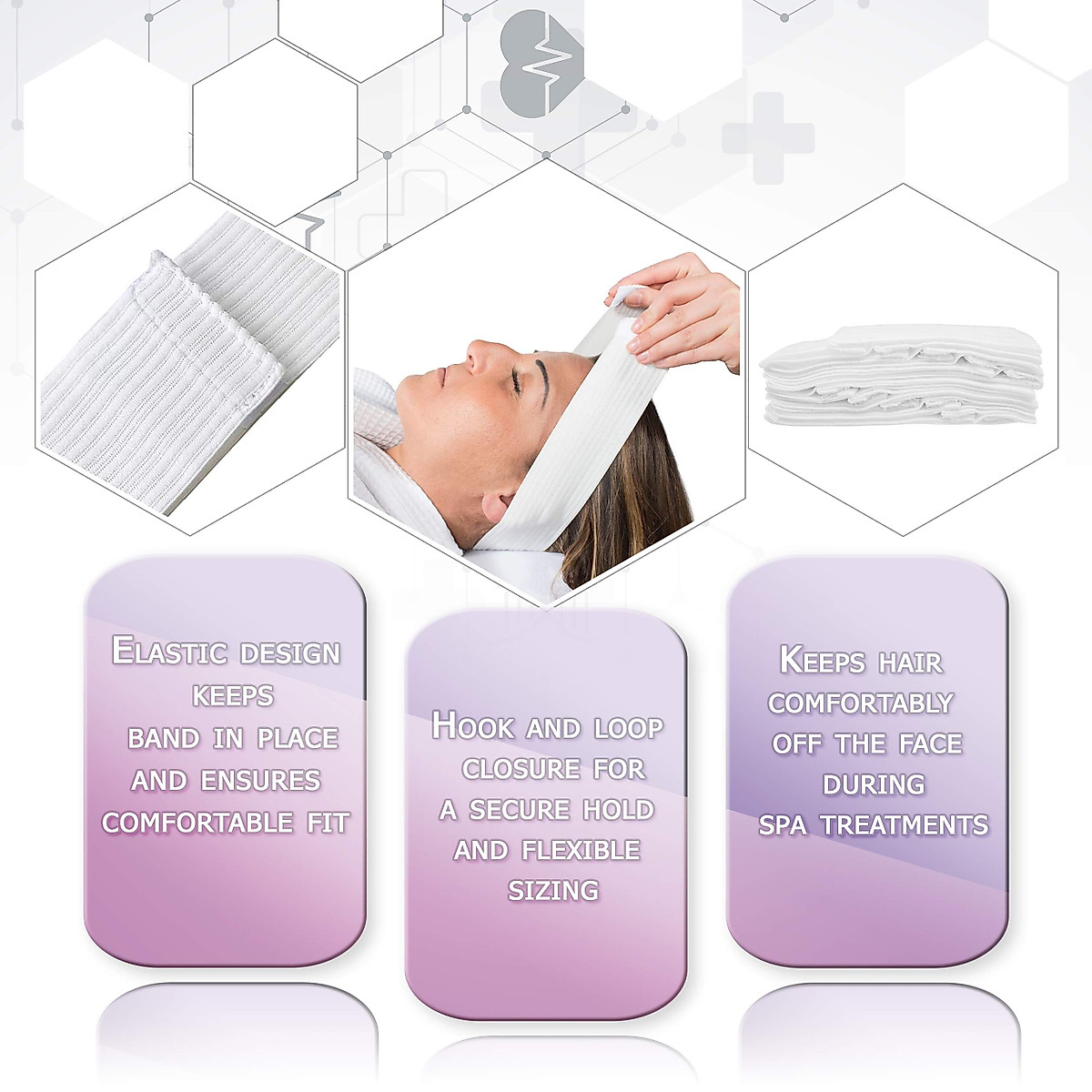 Dukal Stretch Headbands. Pack of 48 Disposable Headbands for Spa Treatments. White Headbands with Hook and Loop Closure. Elastic Spa Headbands. Soft Flexible Material, 900552