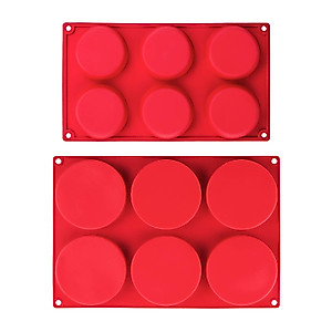Webake Silicone Molds for 3 Inch and 4 Inch Round Disc Pan for Cake, Muffin Top, Bun, Custard, Tart, Resin Coaster, 6 Cavity, Red Set of 2