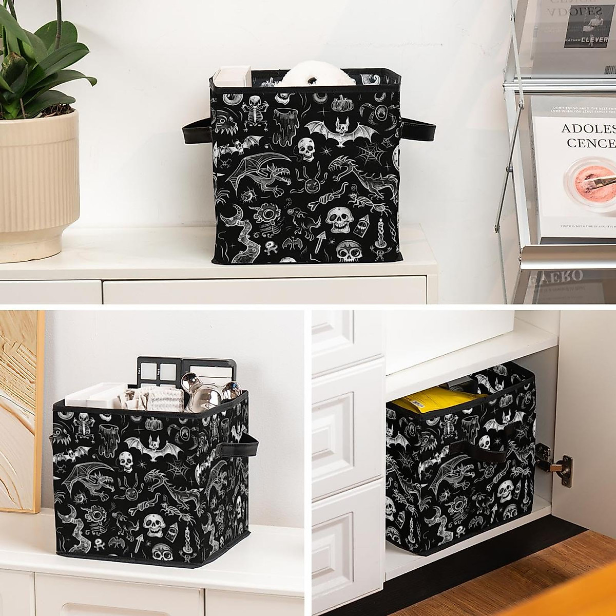 KQNZT Fabric Storage Bins, Storage Baskets for Organizing, Fabric Storage Baskets with Handles, Halloween Black Cat Bat Orchestra Spider, Foldable Storage Cubes