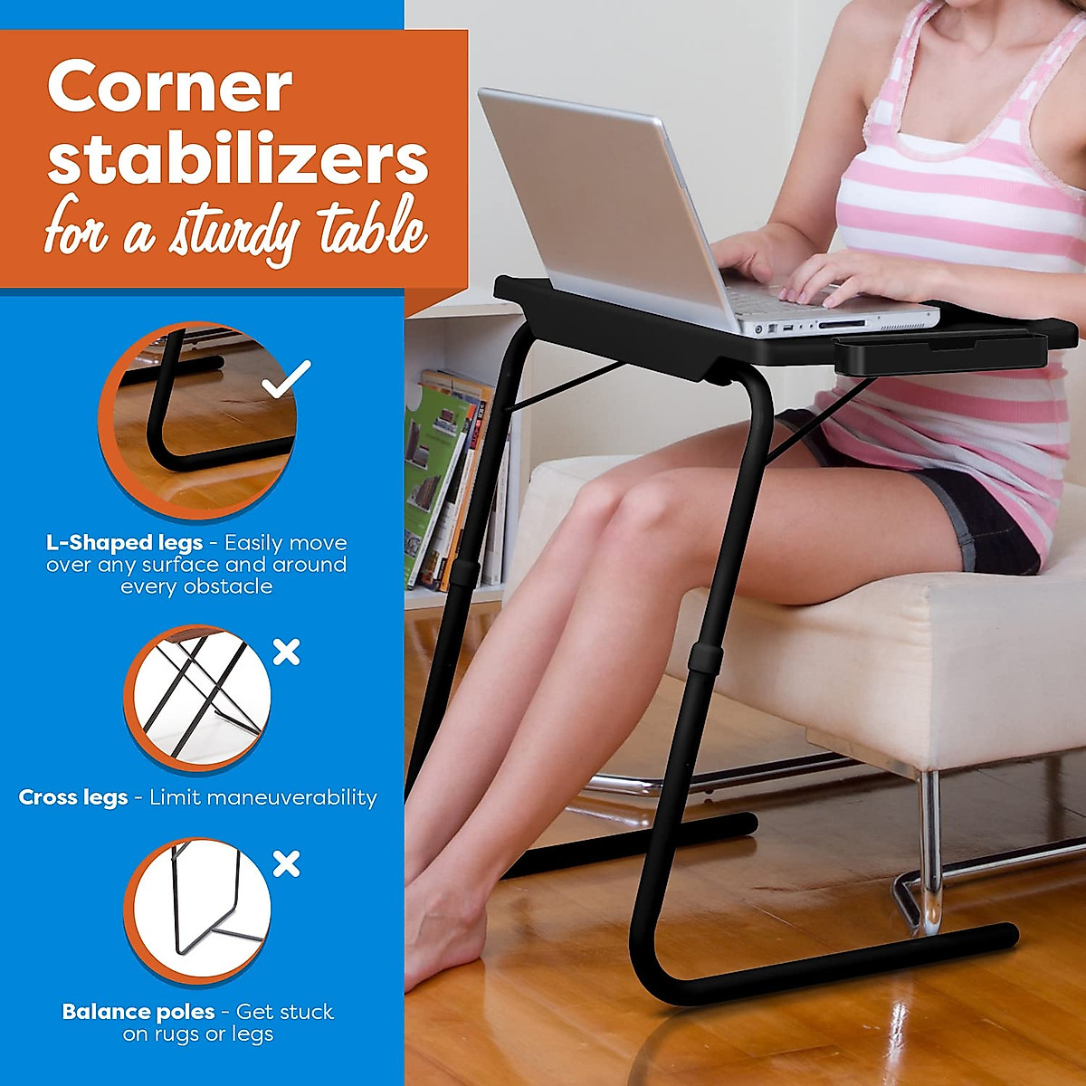 Table-Mate XL PRO TV Tray Table - Folding Table with Cup Holder and Tablet Slot- Couch Desk for Working from Home, Large TV Trays for Eating, Portable and Adjustable TV Table, Black