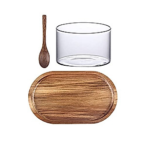 Garneck Glass Tea Cup with Saucer and Spoon Wooden Serving Platter Japanese Plate Wood Sashimi Tray Fruit Bowl Dessert Dish for Breakfast Dinner Table