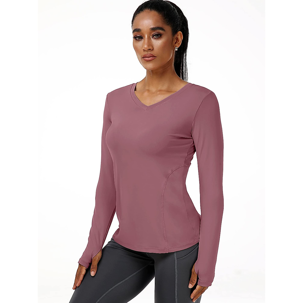 CADMUS Women's V-Neck Workout Shirts Long Sleeve Yoga Top Athletic Running T Shirt,Black, Grey, Pink,Large