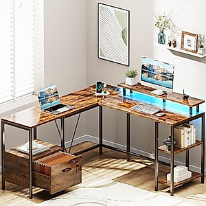 Huuger L Shaped Computer Desk with Power Outlets & LED Lights, Reversible Computer Desk with File Cabinet & Storage Shelves, Corner Desk Home Office Desk, Rustic Brown