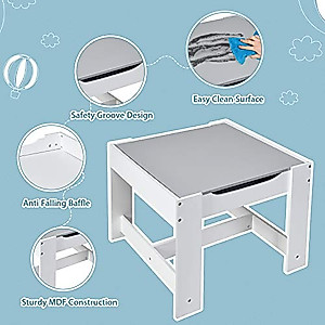BETTARY 3 in 1 Kids Wood Table & Chair Set, Children Activity Table Set w/Storage Drawer, 3 PCS Wooden Furniture Set w/Detachable Blackboard & Activity Center for Toddlers Drawing Reading (Grey)