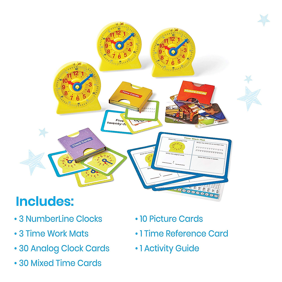 hand2mind Telling Time Basics Center Kit, NumberLine Learn to Tell Time Activity Set, Telling Time Teaching Clock Activities, Analog Classroom Clock for Kids, Math Manipulatives for Elementary School