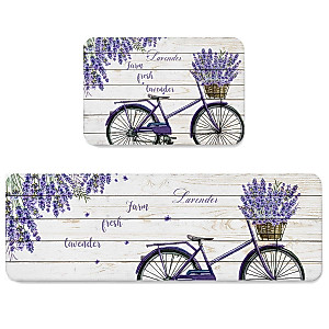 Kitchen Rugs Set 2 Piece Lavender Flower Bicycle Wood Water Absorb Non-Slip Kitchen Mats and Rugs Runner Set,Farm Flower Vintage Floor Mats Doormat for Bathroom/Indoor/Entry,15.7"x23.6"+15.7"x47.2"