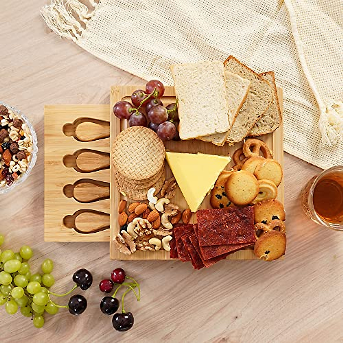 Yibidys Cheese Board Set, Charcuterie board Set, Bamboo Cheese Plate including Knife Sets, Cheese Tray with Slide-Out Drawer for Home and Gift