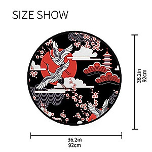 Kuizee Round Area Rug Mat Japanese Decoration Crane Plum Blossom Black Red Living Room Bedroom Bathroom Kitchen Home Decor Coral Velvet Non-Slip Round Carpet 36.2 Inch